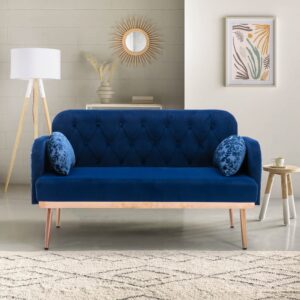 modern velvet loveseat sofa, comfy upholstered 2-seater sofa with gold metal legs, small loveseat accent couch for living bedroom leisure areas (navy+velvet)