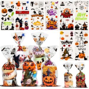 shynek 200 pcs halloween treat bags for candy, halloween cellophane goodie bags bulk plastic clear candy bags trick or treat bags with twists for halloween party favors snacks cookies packing