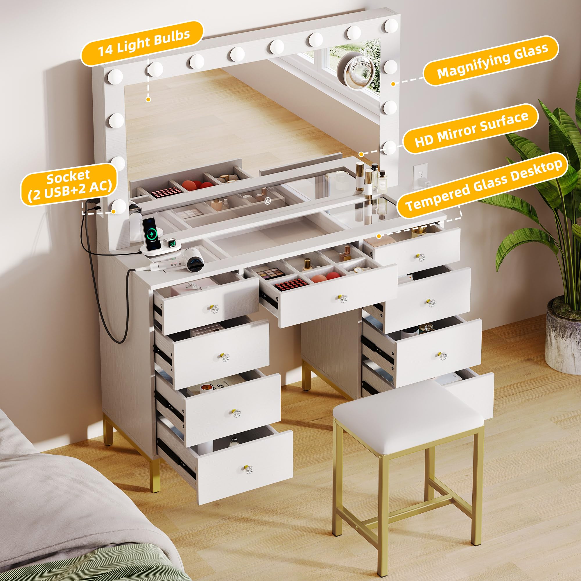 DWVO White Vanity Desk with Large Mirror, Lights and Charging Station - Large Makeup Table Set with 14 LED Lights Bulbs, Magnifying Glass Drawers and 3 Light Modes