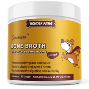 Wonder Paws Bone Broth for Dogs – Bone Broth Powder with Organic Mushrooms & Collagen for Digestion, Immunity & Joint Support – Tasty Beef Supplement for Dogs of All Ages, Sizes & Breeds – 3.20 oz