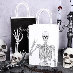 JarThenaAMCS 24Pcs Halloween Skull Paper Gift Bags with Handles Black White Skeleton Party Favor 2 Designs Candy Goodie Treat Bags for Party Supplies,8.3 x 5.9 x 3 Inch