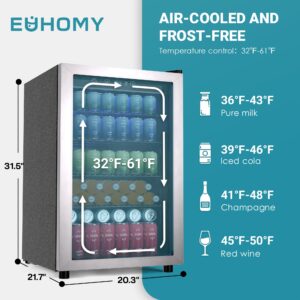 EUHOMY 4.5 Cu.ft Beverage Refrigerator and Cooler, 145 Can Mini fridge with Glass Door for Soda Beer Wine, Small Drink Dispenser with Digital Adjustable Thermostat for Home Office Bar