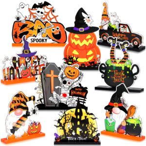 wonderjune 9 pcs halloween wooden table decorations duplex printing happy halloween centerpiece signs pumpkin gnome ghost table centerpiece boo spooky themed trick or treat sign for party halloween