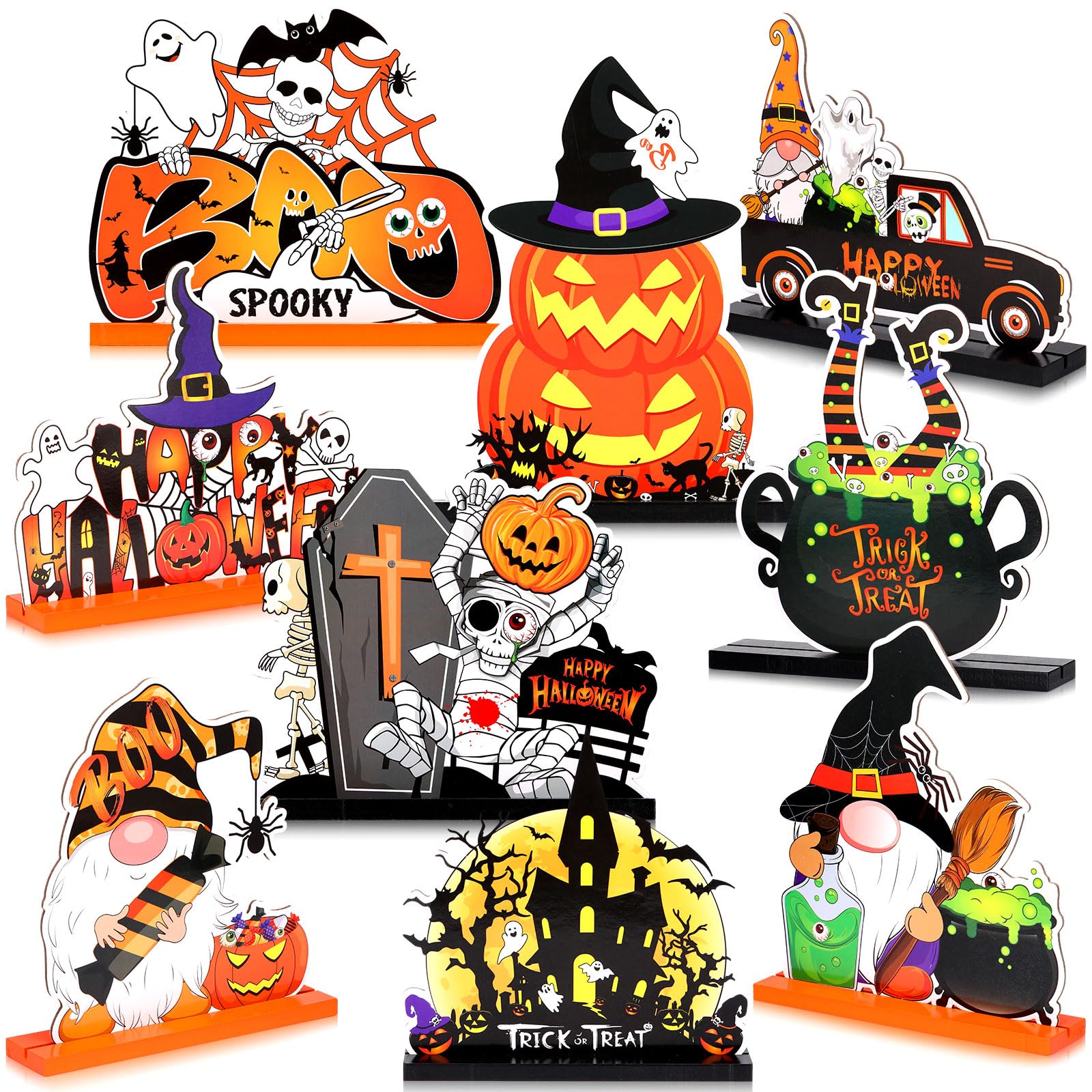 Wonderjune 9 Pcs Halloween Wooden Table Decorations Duplex Printing Happy Halloween Centerpiece Signs Pumpkin Gnome Ghost Table Centerpiece Boo Spooky Themed Trick or Treat Sign for Party Halloween