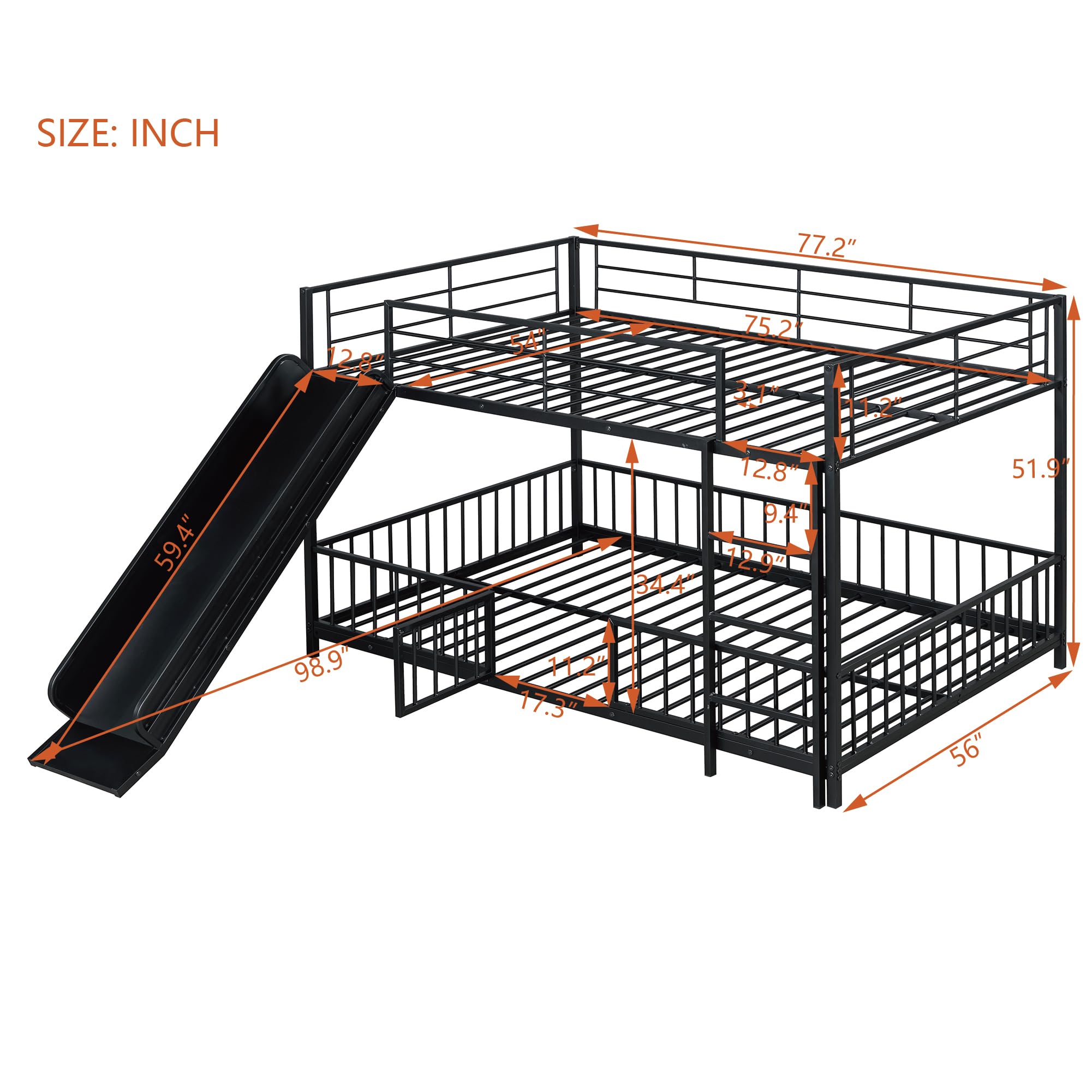 Unique Metal Bunk Bed with Slide and Fence, Bunk Bed with Ladder for Toddler Kids Teens (Black/Metal, Full Over Full)