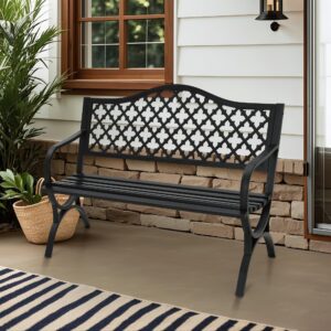 mfstudio 50" black outdoor metal garden bench with arch legs, cast iron frame patio furniture with e-coating, perfect for porch and yard