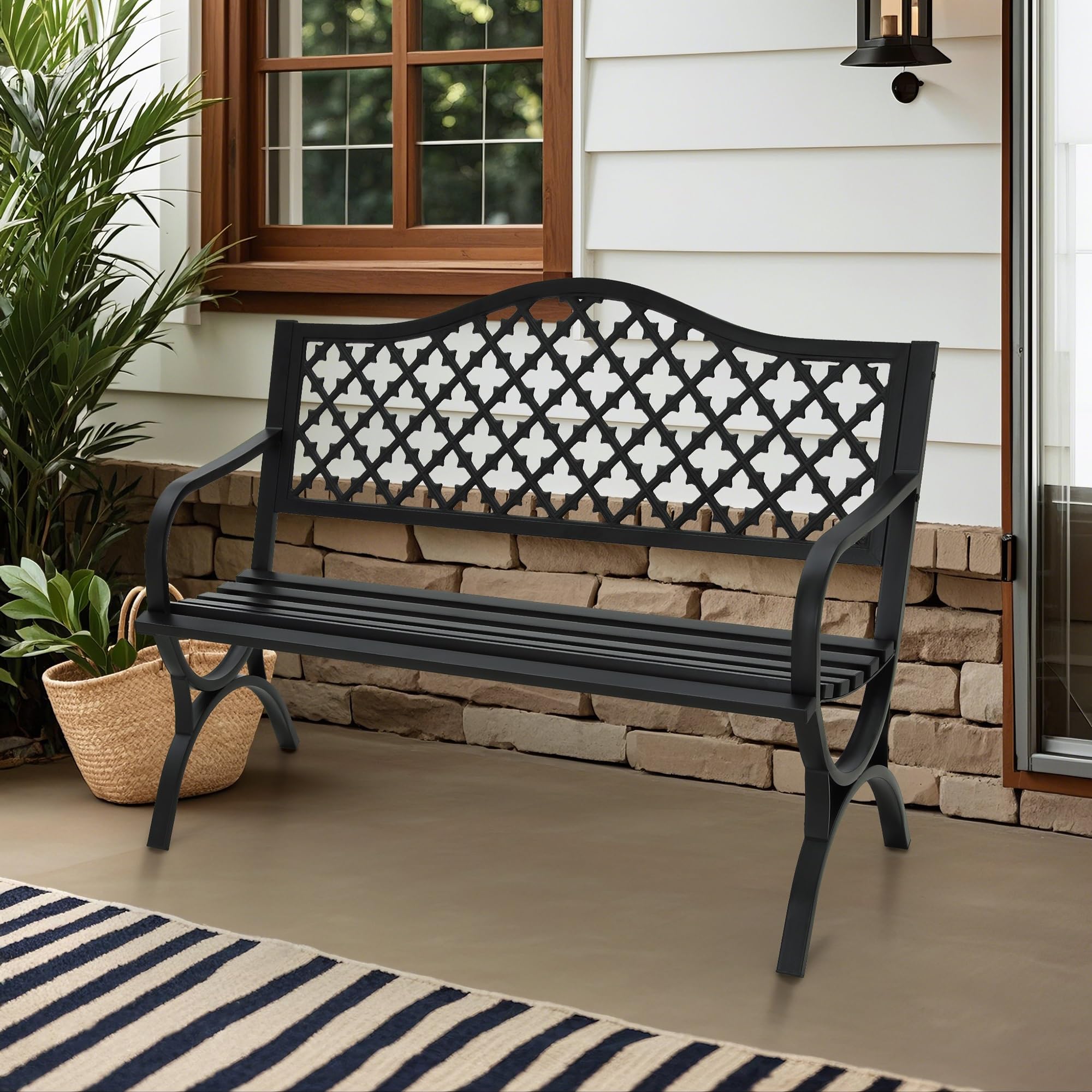 MFSTUDIO 50" Black Outdoor Metal Garden Bench with Arch Legs, Cast Iron Frame Patio Furniture with E-Coating, Perfect for Porch and Yard