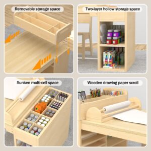 NKUGCFC 50.4inx 22.8in Kids Art Table and Chair Set with Paper Roll Dispenser,Kids Craft Table with Portable Art Supply Organizer for 4-12 Year Old,Drawing Table with Large Storage Desk for Kids