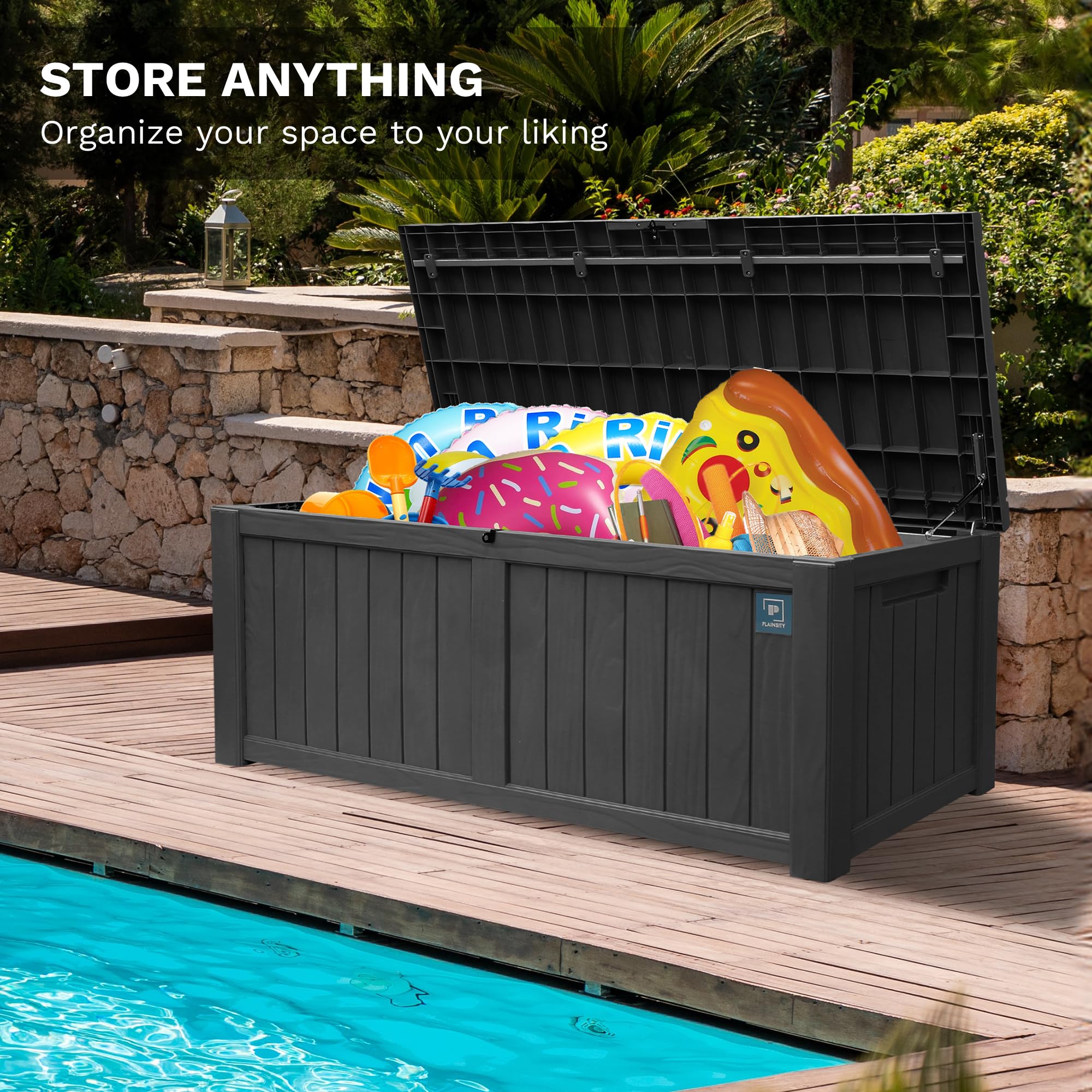 230 Gallon Large Outdoor Storage Box, Durable Deck Boxes Outdoor Waterproof, Resin Waterproof Deck Box for Patio Furniture Outdoor Cushions Garden Tools and Pool Storage (Black, 120 Gallon)