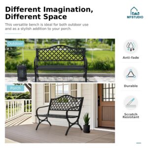 MFSTUDIO 50" Black Outdoor Metal Garden Bench with Arch Legs, Cast Iron Frame Patio Furniture with E-Coating, Perfect for Porch and Yard