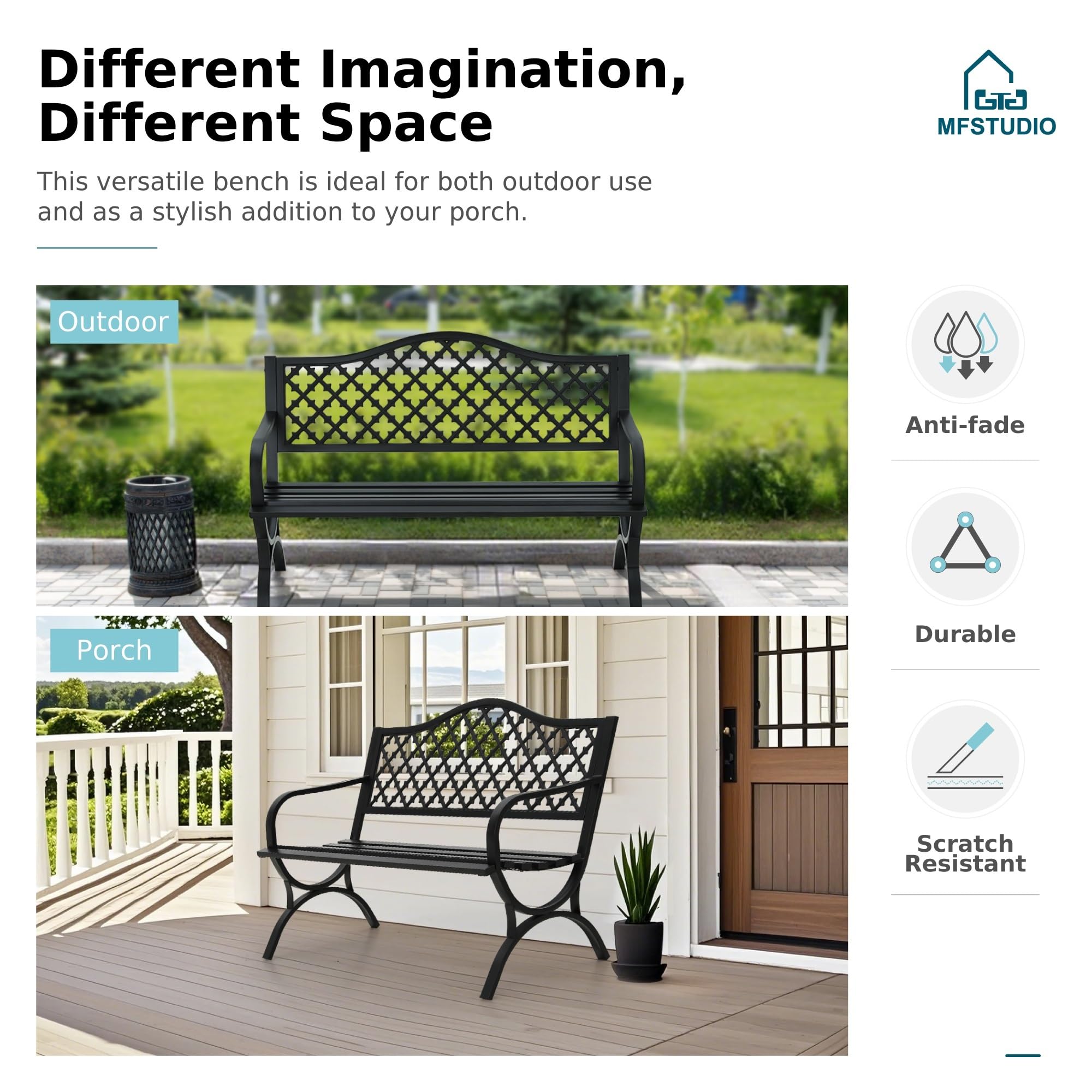 MFSTUDIO 50" Black Outdoor Metal Garden Bench with Arch Legs, Cast Iron Frame Patio Furniture with E-Coating, Perfect for Porch and Yard