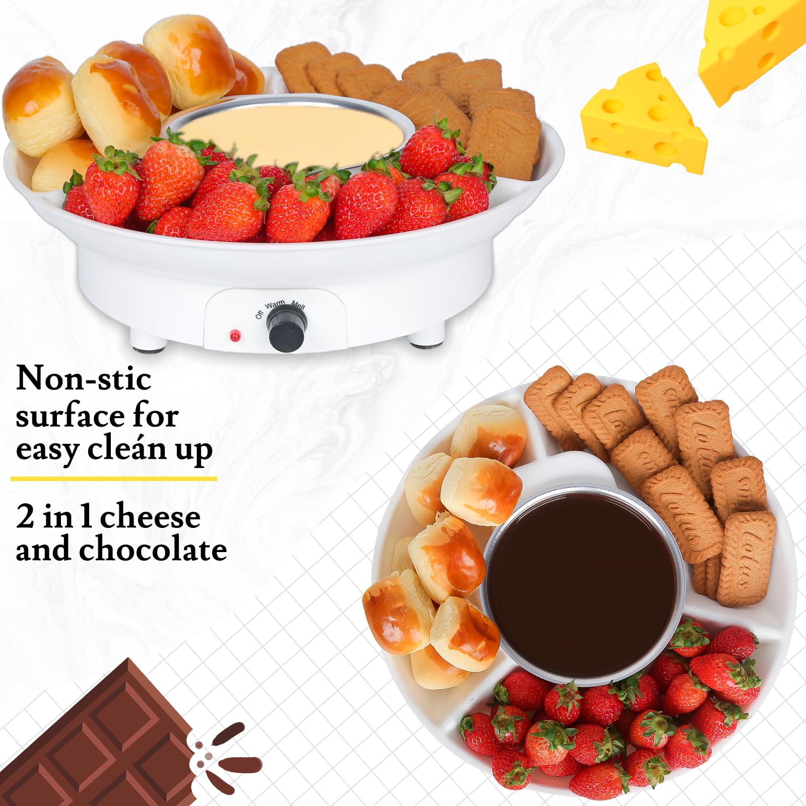 CORJEEJOR Fondue Pot Electric Set For Chocolate and Cheese, Deluxe Fondue Maker with 4 Forks, Removable Serving Tray & Melting/Warming Setting, Perfect for Parties, Gifting, and Date Night