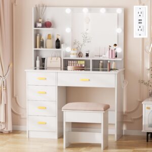 anwbroad makeup vanity desk with mirror and lights power outlet 35.5" vanity with glass top dresser 3 lighting modes brightness adjustable white vanity desk with drawers shelves bedroom stool ubdt64w