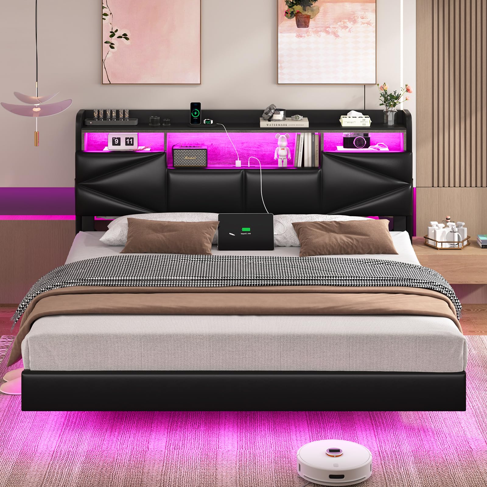 BTHFST Floating King Bed Frame with Storage Headboard & Charging Station, RGB LED Floating Platform Bed, Solid Wood Slats Support, No Box Spring Needed, PU Black