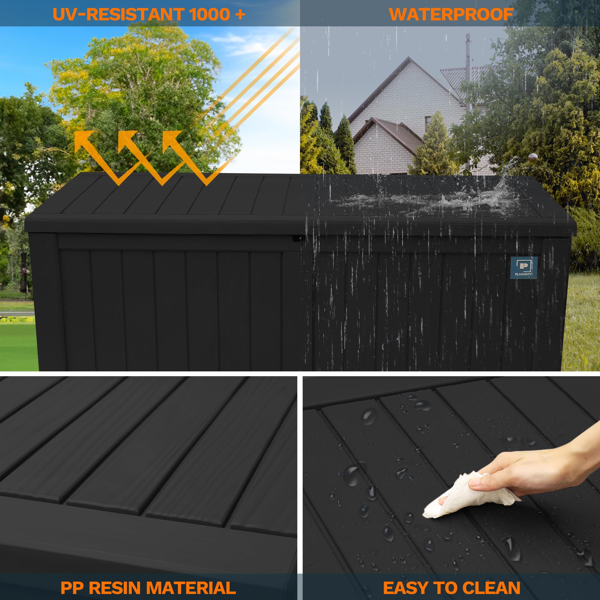 230 Gallon Large Outdoor Storage Box, Durable Deck Boxes Outdoor Waterproof, Resin Waterproof Deck Box for Patio Furniture Outdoor Cushions Garden Tools and Pool Storage (Black, 120 Gallon)