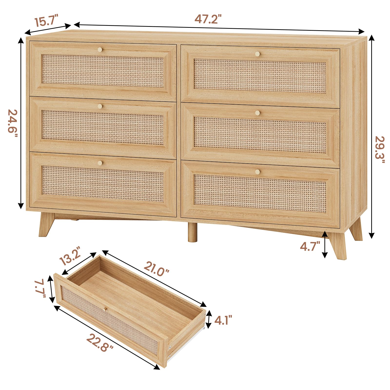 VIAGDO Rattan Dresser for Bedroom, 6 Drawer Dresser with Natural Rattan Drawers, Wooden Wide Dresser with Gold Handles, Modern Closet Dressers Chest of Drawers for Nursery Entryway Living Room