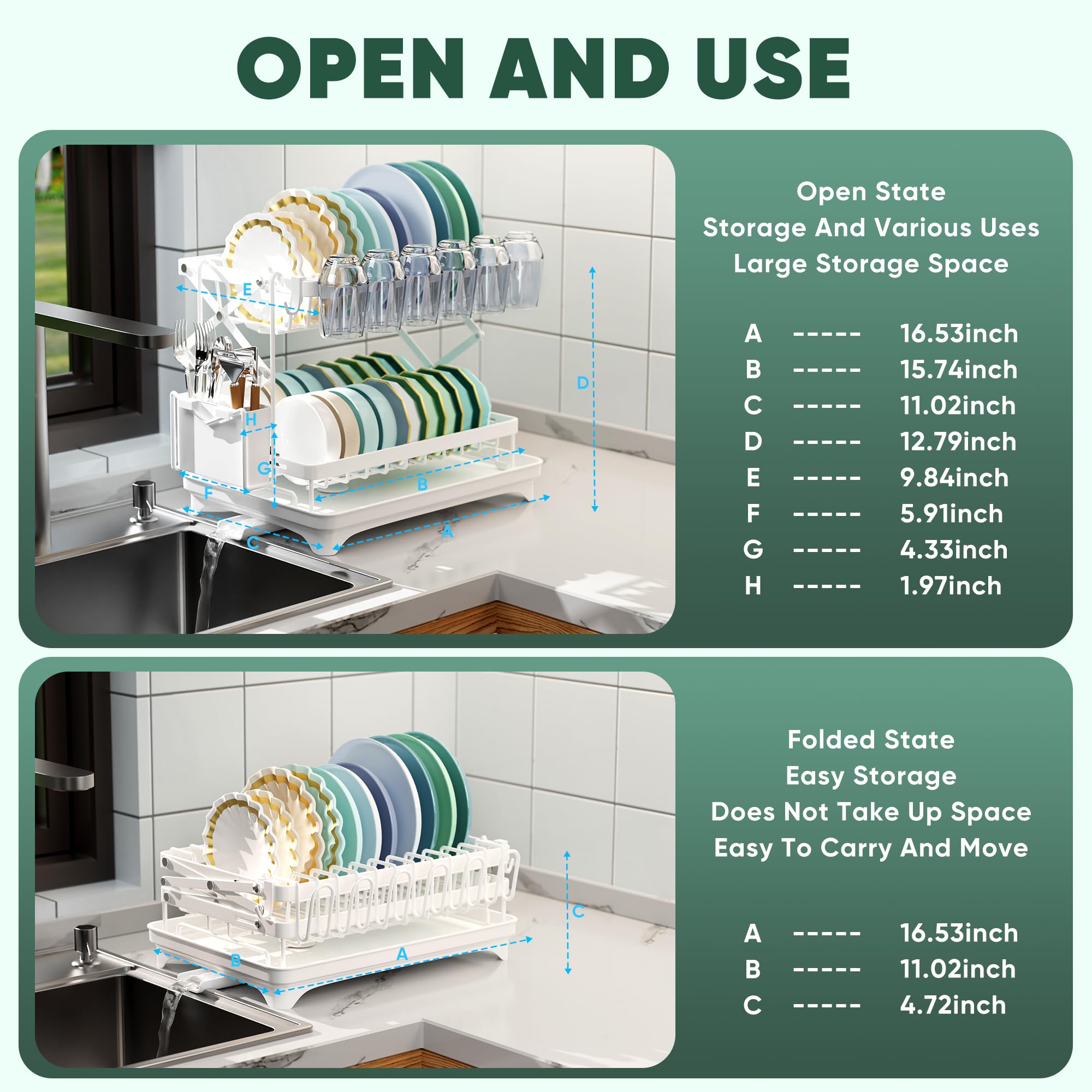 Dish Drying Rack Collapsible & Rustproof, 2 Tier Dish Rack with Drainboard, Wine Glass Holder & Utensil Holder, Dish Racks for Kitchen Counter, Dish Drainer, White