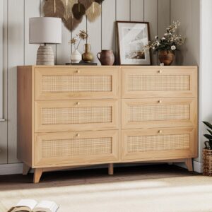 VIAGDO Rattan Dresser for Bedroom, 6 Drawer Dresser with Natural Rattan Drawers, Wooden Wide Dresser with Gold Handles, Modern Closet Dressers Chest of Drawers for Nursery Entryway Living Room