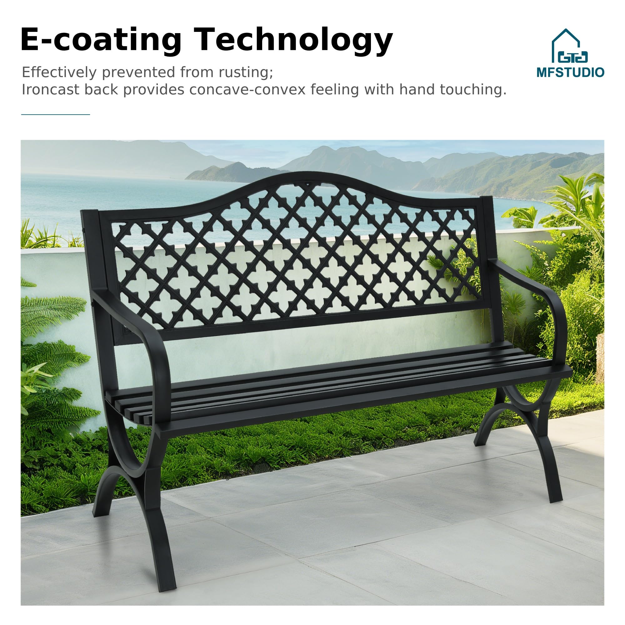 MFSTUDIO 50" Black Outdoor Metal Garden Bench with Arch Legs, Cast Iron Frame Patio Furniture with E-Coating, Perfect for Porch and Yard