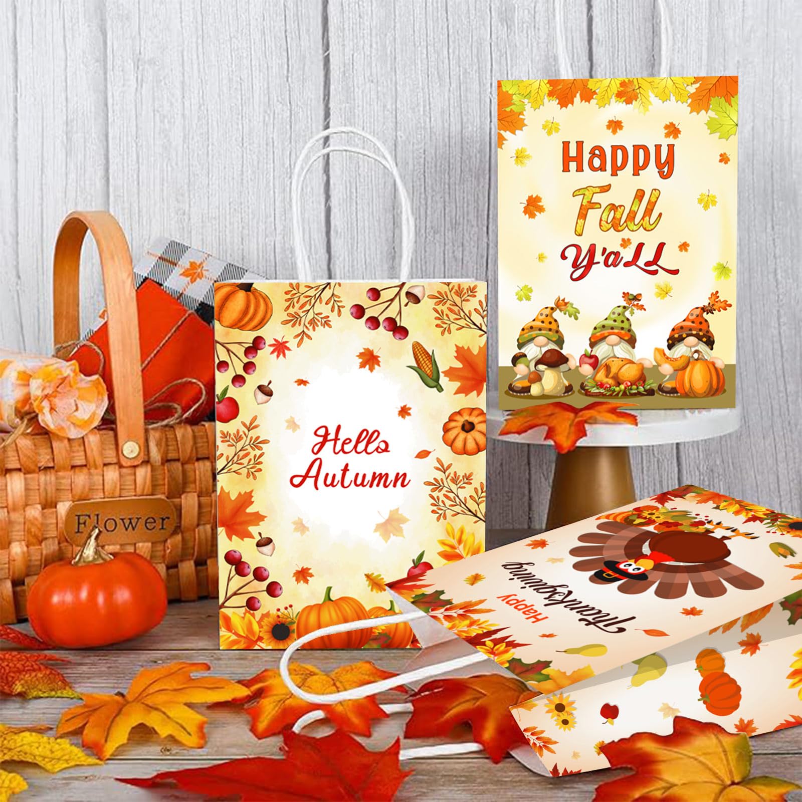 JUESMOS 12PCS Thanksgiving Paper Gift Bags 8.3" Hello Autumn Fall Gift Bags with Handles Turkey Pumpkin Leaves Treat Bags Candy Goodie Bags for Thanksgiving Fall Baby Shower Birthday Party Decor