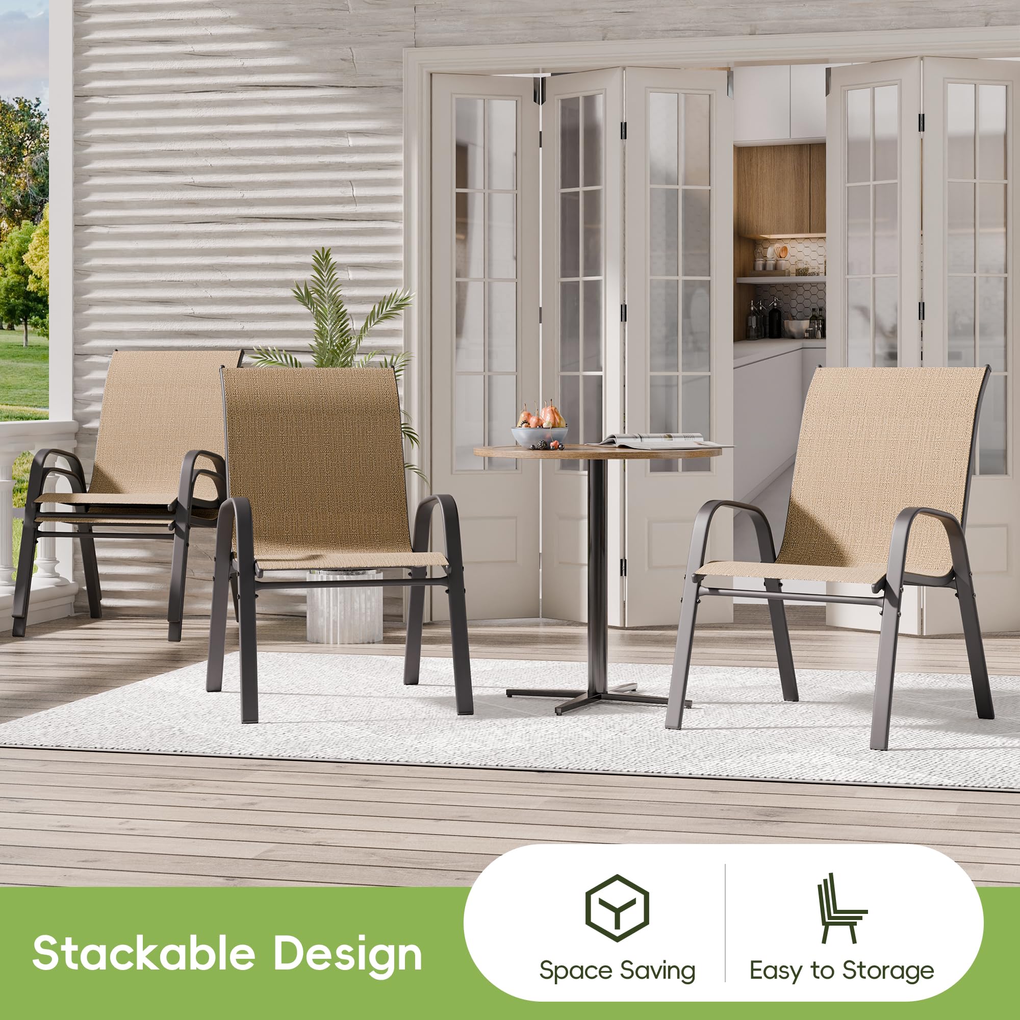 Redpick Patio Chairs Set of 4, Outdoor Stackable Dining Chairs for All Weather, Breathable Metal Modern Outdoor Furniture for Backyard Deck, Garden, Brown