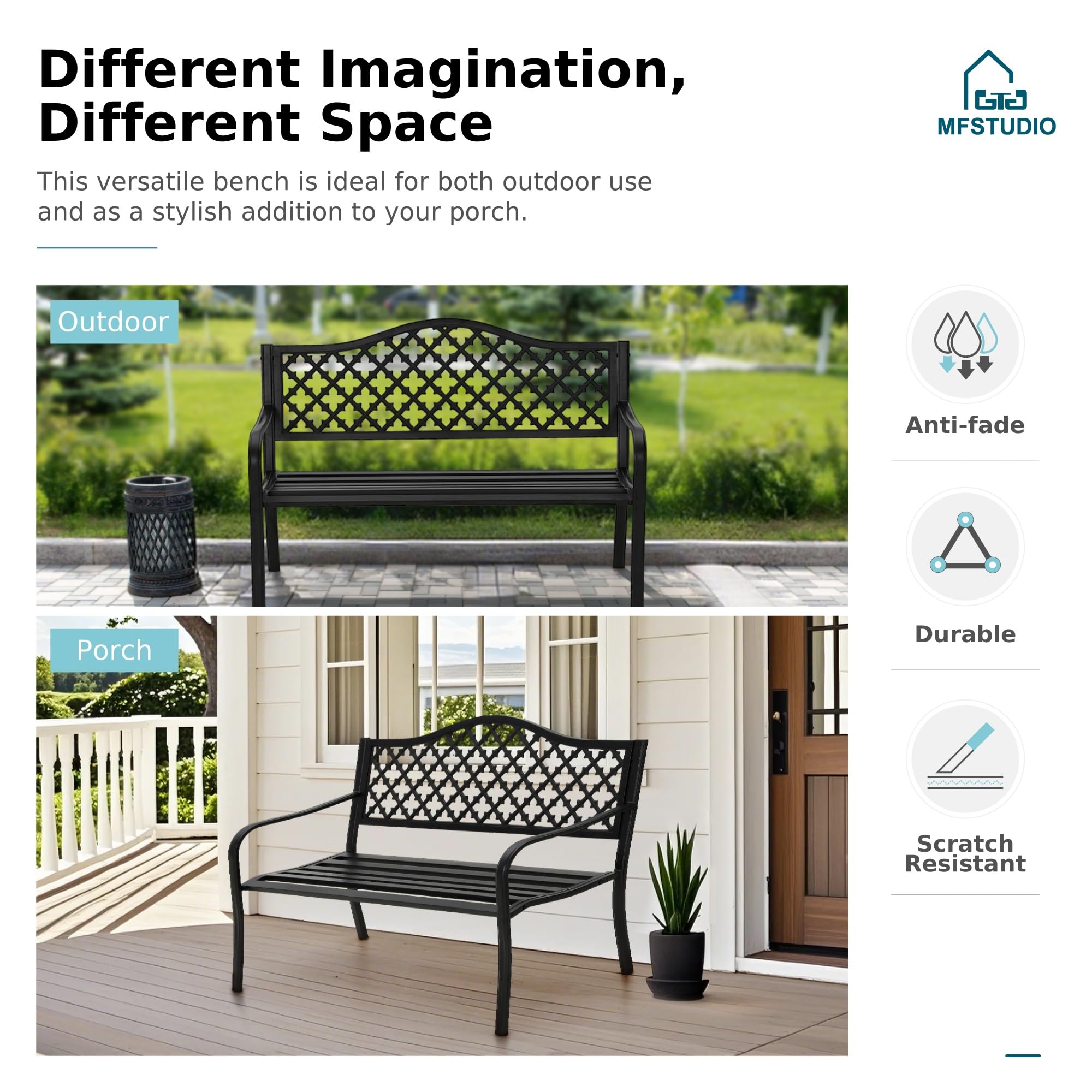 MFSTUDIO 50" Black Outdoor Metal Garden Bench, Cast Iron Frame Patio Furniture with E-Coating, Perfect for Porch and Yard