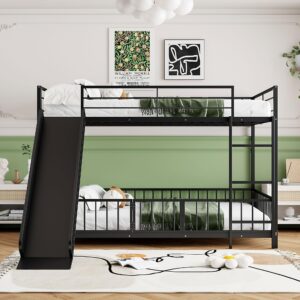 Unique Metal Bunk Bed with Slide and Fence, Bunk Bed with Ladder for Toddler Kids Teens (Black/Metal, Full Over Full)