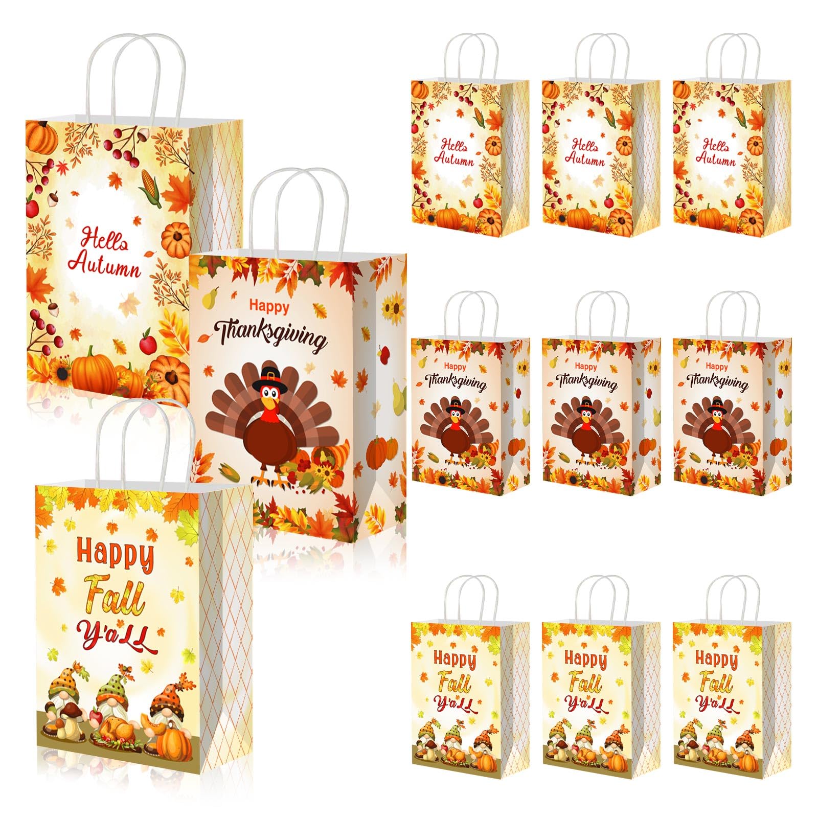 JUESMOS 12PCS Thanksgiving Paper Gift Bags 8.3" Hello Autumn Fall Gift Bags with Handles Turkey Pumpkin Leaves Treat Bags Candy Goodie Bags for Thanksgiving Fall Baby Shower Birthday Party Decor