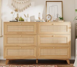 viagdo rattan dresser for bedroom, 6 drawer dresser with natural rattan drawers, wooden wide dresser with gold handles, modern closet dressers chest of drawers for nursery entryway living room