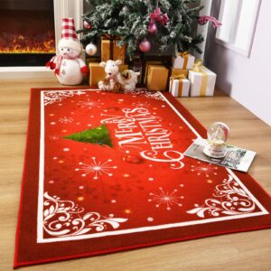 ompaa christmas area rugs for living room bedroom carpet, santa welcome front door mats indoor outdoor non slip doormat, xmas holiday decoration carpet for bath kitchen entrance, 3x5 feet red