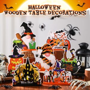 Wonderjune 9 Pcs Halloween Wooden Table Decorations Duplex Printing Happy Halloween Centerpiece Signs Pumpkin Gnome Ghost Table Centerpiece Boo Spooky Themed Trick or Treat Sign for Party Halloween