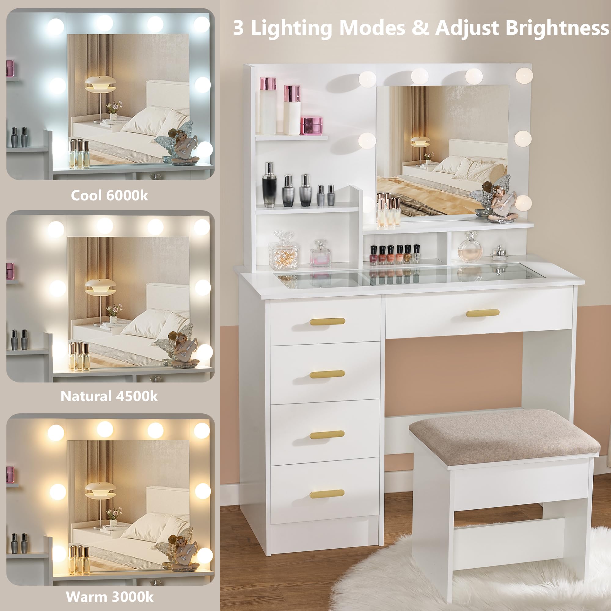 ANWBROAD Makeup Vanity Desk with Mirror and Lights Power Outlet 35.5" Vanity with Glass Top Dresser 3 Lighting Modes Brightness Adjustable White Vanity Desk with Drawers Shelves Bedroom Stool UBDT64W