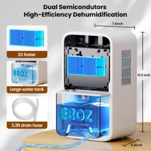 Dehumidifier,88OZ Dehumidifier for Bedroom With Drain Hose Quiet Small Dehumidifier for Bathroom Home Room Basement Portable Mini Dehumidifiers for RV Closet （800Sq.ft)