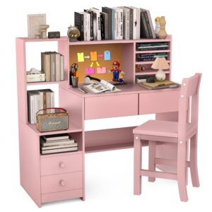 rupolx childrens computer desk with 4 drawers, pink kids desk and chair set for 5-12 year old,kids study table with storage shelf-ou6k6e