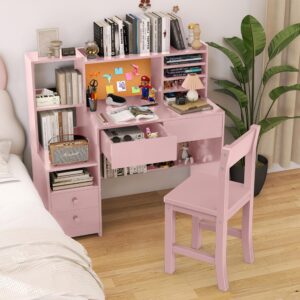 RUPOLX Childrens Computer Desk with 4 Drawers, Pink Kids Desk and Chair Set for 5-12 Year Old,Kids Study Table with Storage Shelf-oU6k6e