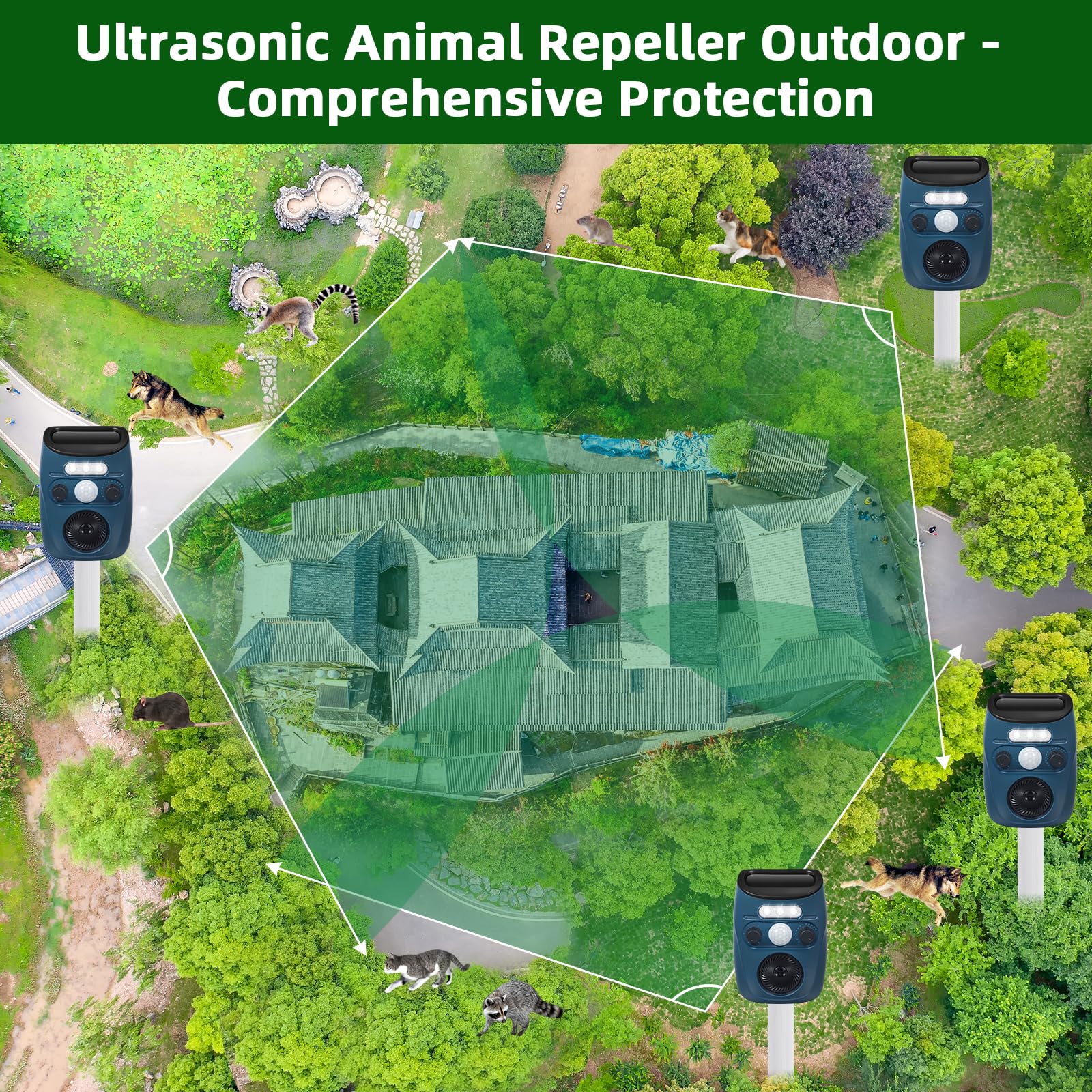 Upgraded Solar Ultrasonic Bird Repeller Bird Deterrents for Outside Bird Repellent Devices Outdoor with Flashing Light & Motion Sensor to Scare Bird Pigeon Woodpecker Out of Farm Balconies House