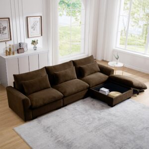 wrofly modular sectional sofa with storage ottoman, 122" comfy corduroy deep seat 3 seater cloud couch, modern oversized l shaped sleeper sofa set for living room apartment office, brown