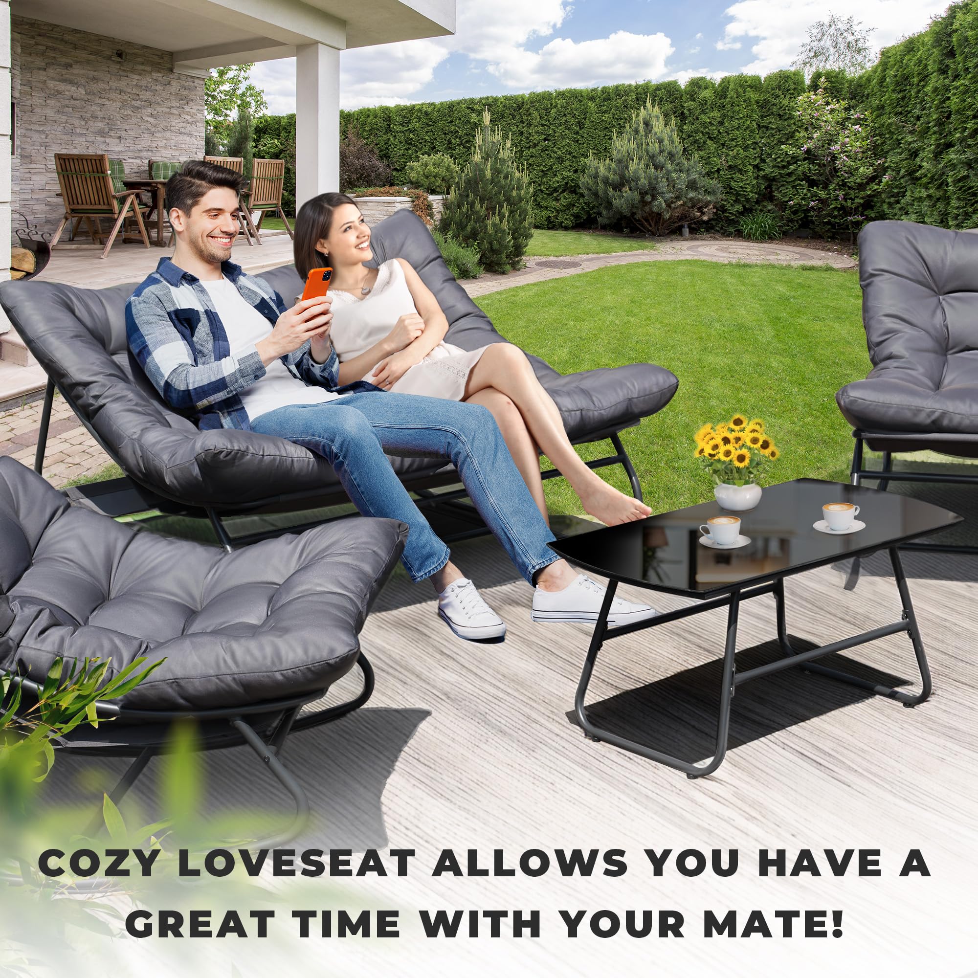 jamege 4 Pieces Patio Furniture Set with Rocking Chairs, Outdoor Patio Metal Loveseat Conversation Set with Cushions, Oversized Rocker Chair, Coffee Table for Porch, Garden, Backyard, Indoor