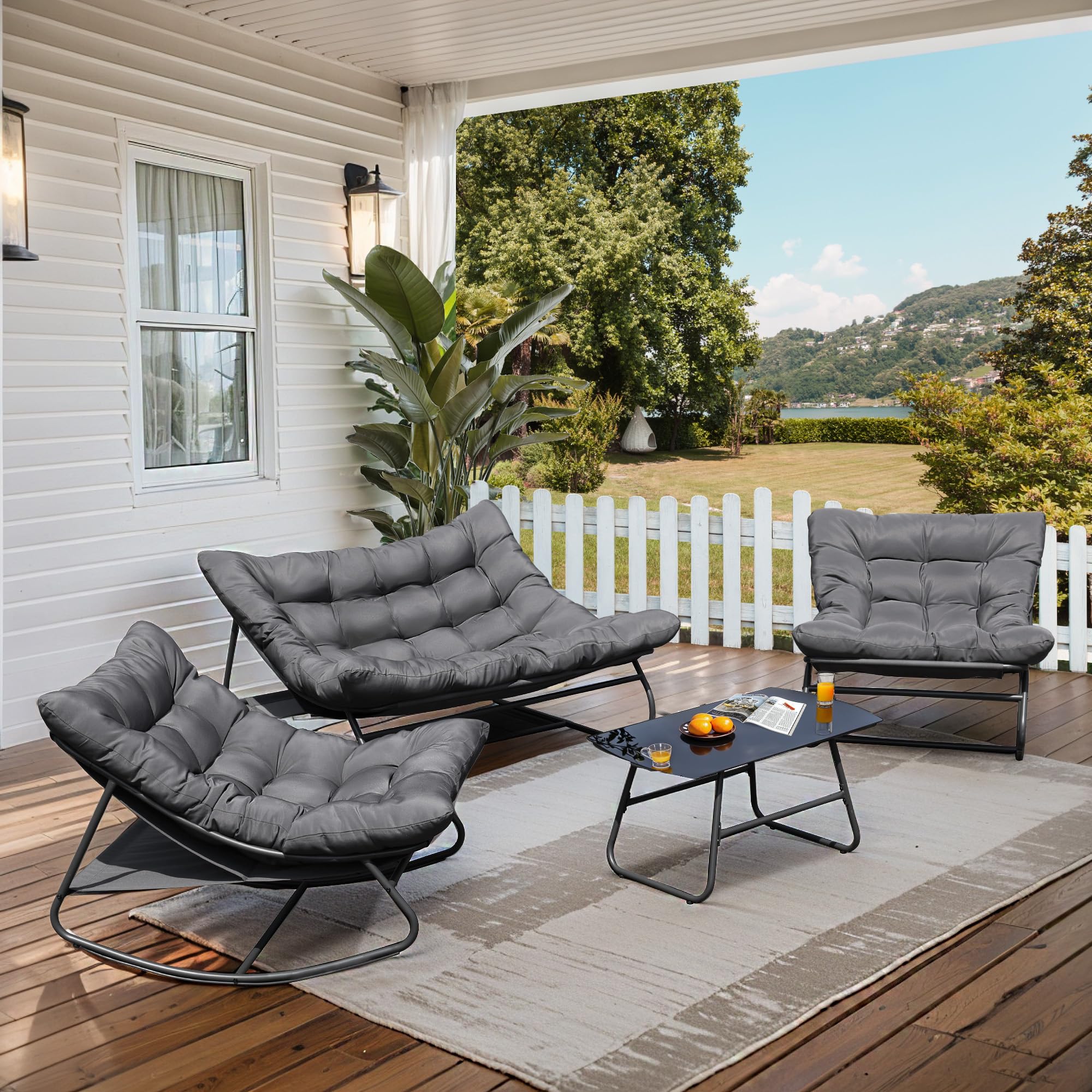 jamege 4 Pieces Patio Furniture Set with Rocking Chairs, Outdoor Patio Metal Loveseat Conversation Set with Cushions, Oversized Rocker Chair, Coffee Table for Porch, Garden, Backyard, Indoor