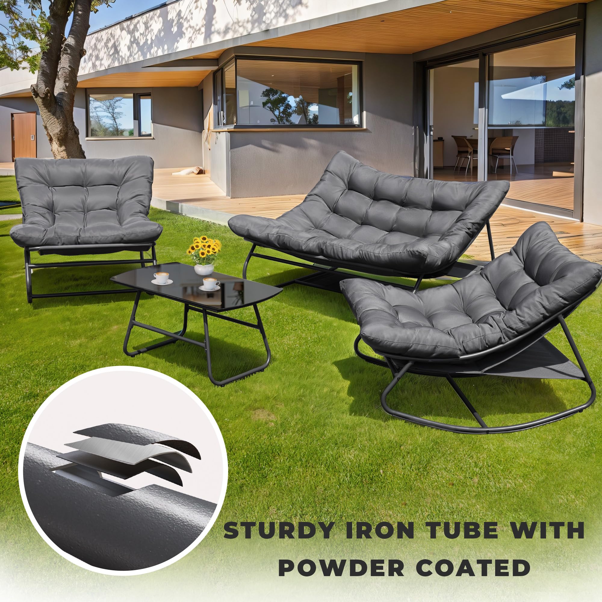 jamege 4 Pieces Patio Furniture Set with Rocking Chairs, Outdoor Patio Metal Loveseat Conversation Set with Cushions, Oversized Rocker Chair, Coffee Table for Porch, Garden, Backyard, Indoor