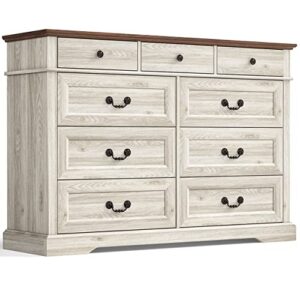 linsy dresser for bedroom, 9 drawers bedroom dresser wood for nursery, tall chest of drawers, 53 inch wide farmhouse wood dresser for bedroom, hallway, closet, living room, beige