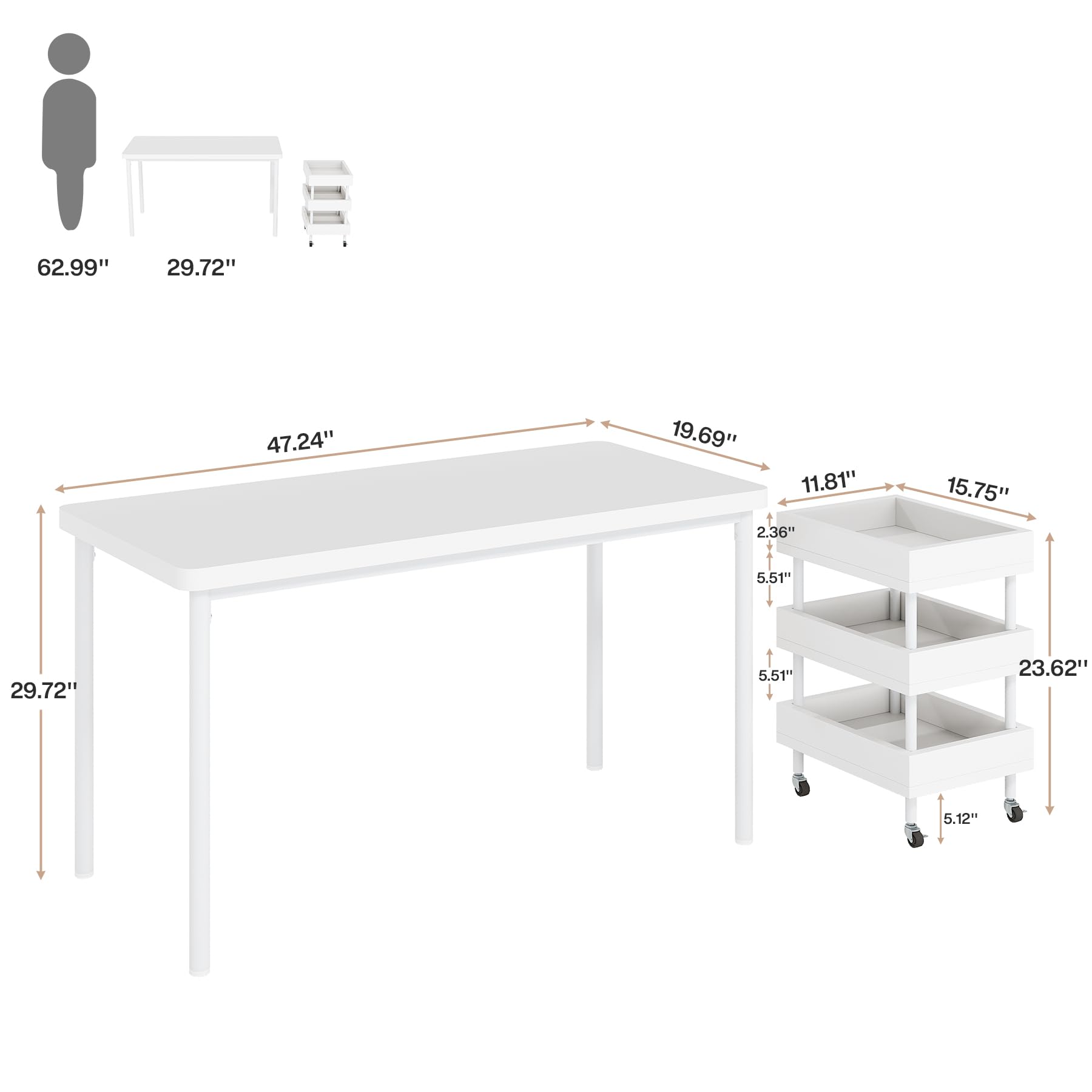 Tribesigns 47-Inch Computer Writing Desk, Simple White Home Office Desks with 3-Tier Wood Storage Cart, Modern Study Table Work Desk Workstation for Bedroom, Small Spaces