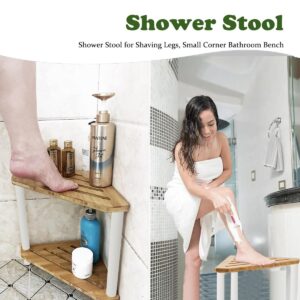 Bamboo Corner Shower Stool with White Metal Legs, Waterproof Shower Stool for Inside Shower Shaving Leg,Shower Foot Rest with Storage Shelf, Small Spaces,Bath Seat,Shower Bench