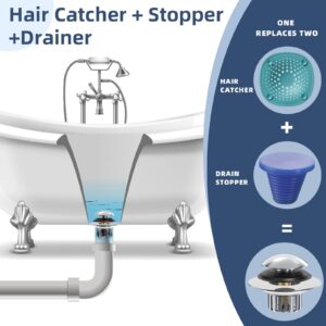 Universal Tub Stopper Bathtub Drain, Drain Hair Catcher and Cover, Pop Up Tub Stopper Bathtub Drain Plug Cover Replaces Bath Tub Lift and Turn, Tip-Toe and Trip Lever Bathtub Drains (Silver)