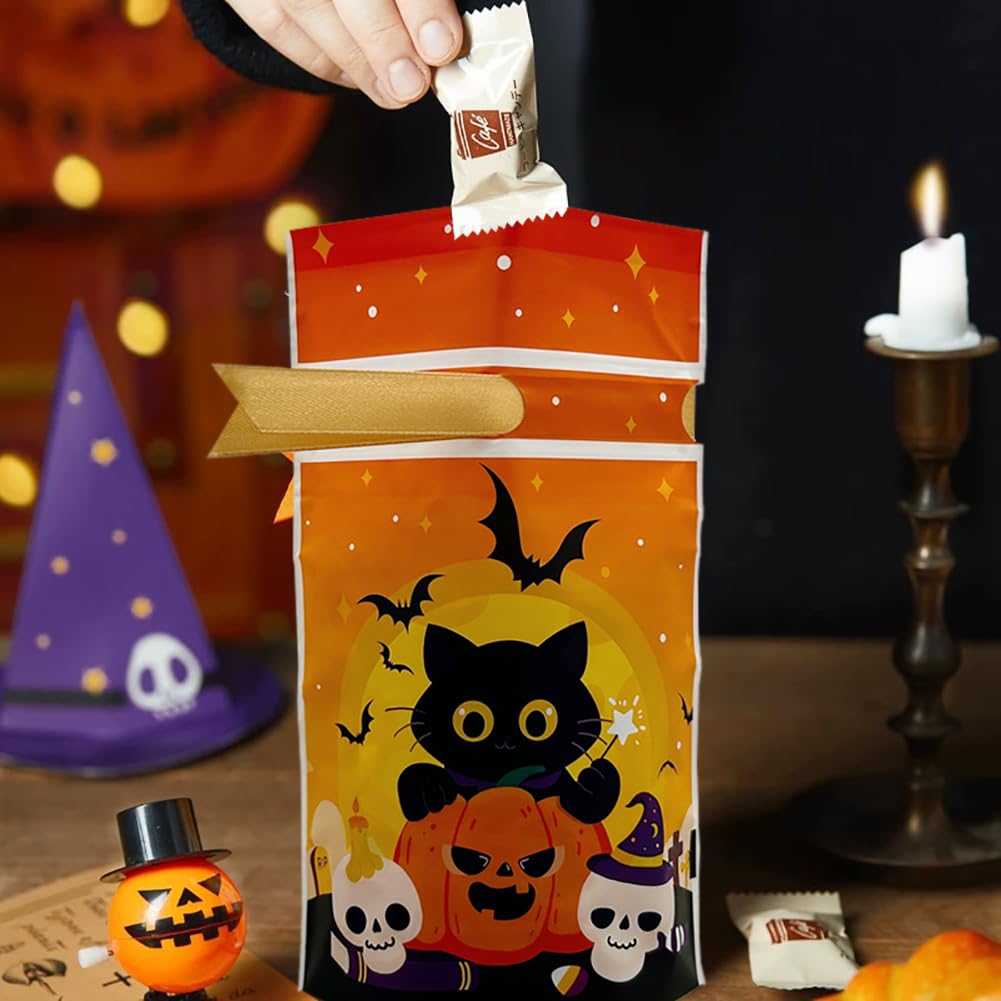 VIFOME 24 Pcs Halloween Goodie Bags Trick or Treat Bags Cat and Pumpkin Candy Bags Plastic Bags with Ribbons for Gift Wrapping Halloween Party Decoration