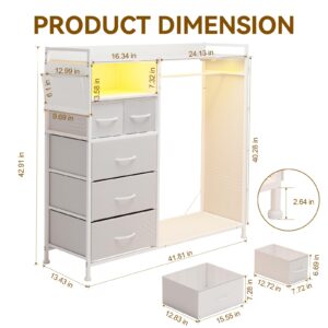 ARTETHYS Dresser for Bedroom with Hanging Rack 5 Drawer Dresser with LED Lights and Charging Station White Fabric Dresser Storage Chest of Drawers for Closet