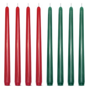 set of 8 10 inch taper candles, dripless unscented solid colored skinny candlesticks for christmas home party dinner table - 4 red and 4 green