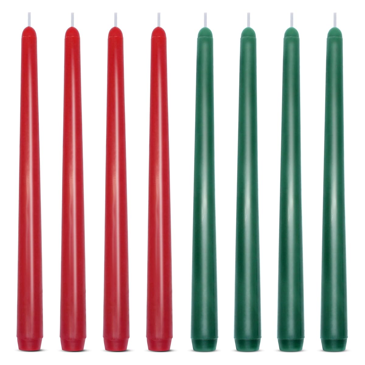 Set of 8 10 Inch Taper Candles, Dripless Unscented Solid Colored Skinny Candlesticks for Christmas Home Party Dinner Table - 4 Red and 4 Green