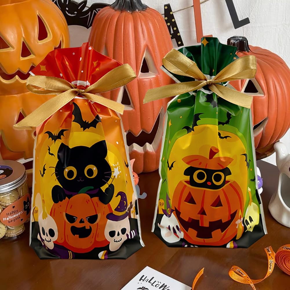 VIFOME 24 Pcs Halloween Goodie Bags Trick or Treat Bags Cat and Pumpkin Candy Bags Plastic Bags with Ribbons for Gift Wrapping Halloween Party Decoration