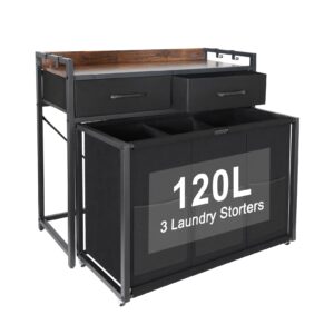 laundry sorter with wheels, laundry hamper 3 section with shelf - 3 × 10.5 gal (120l) capacity, laundry basket with drawers for clothes-1 storage shelf, laundry organizer for laundry room, bedroom